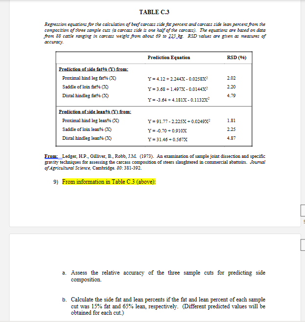 Solved TABLE C.3Regression equations for the calculation of | Chegg.com