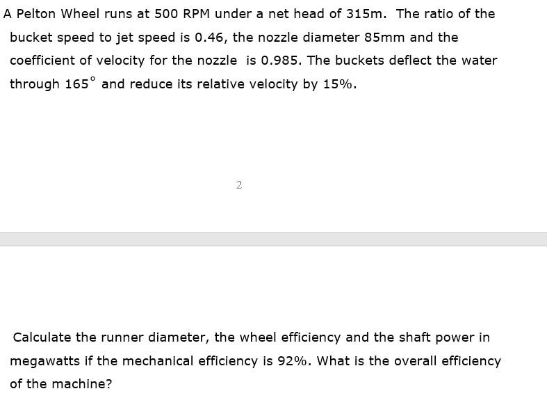 Solved A Pelton Wheel runs at 500 RPM under a net head of | Chegg.com