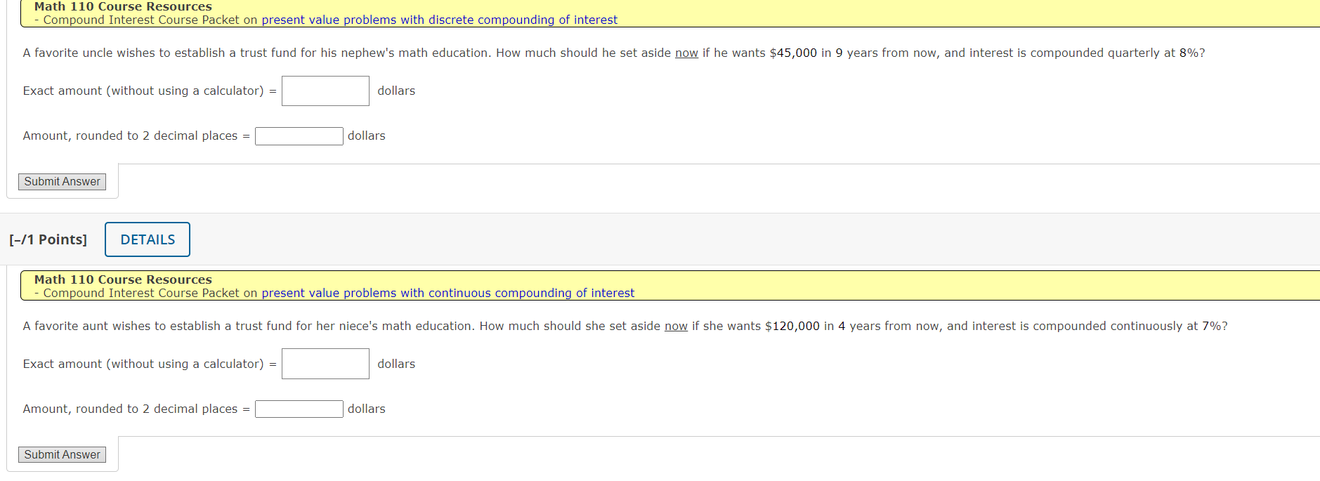 Solved Math 110 Course Resources - Compound Interest Course | Chegg.com