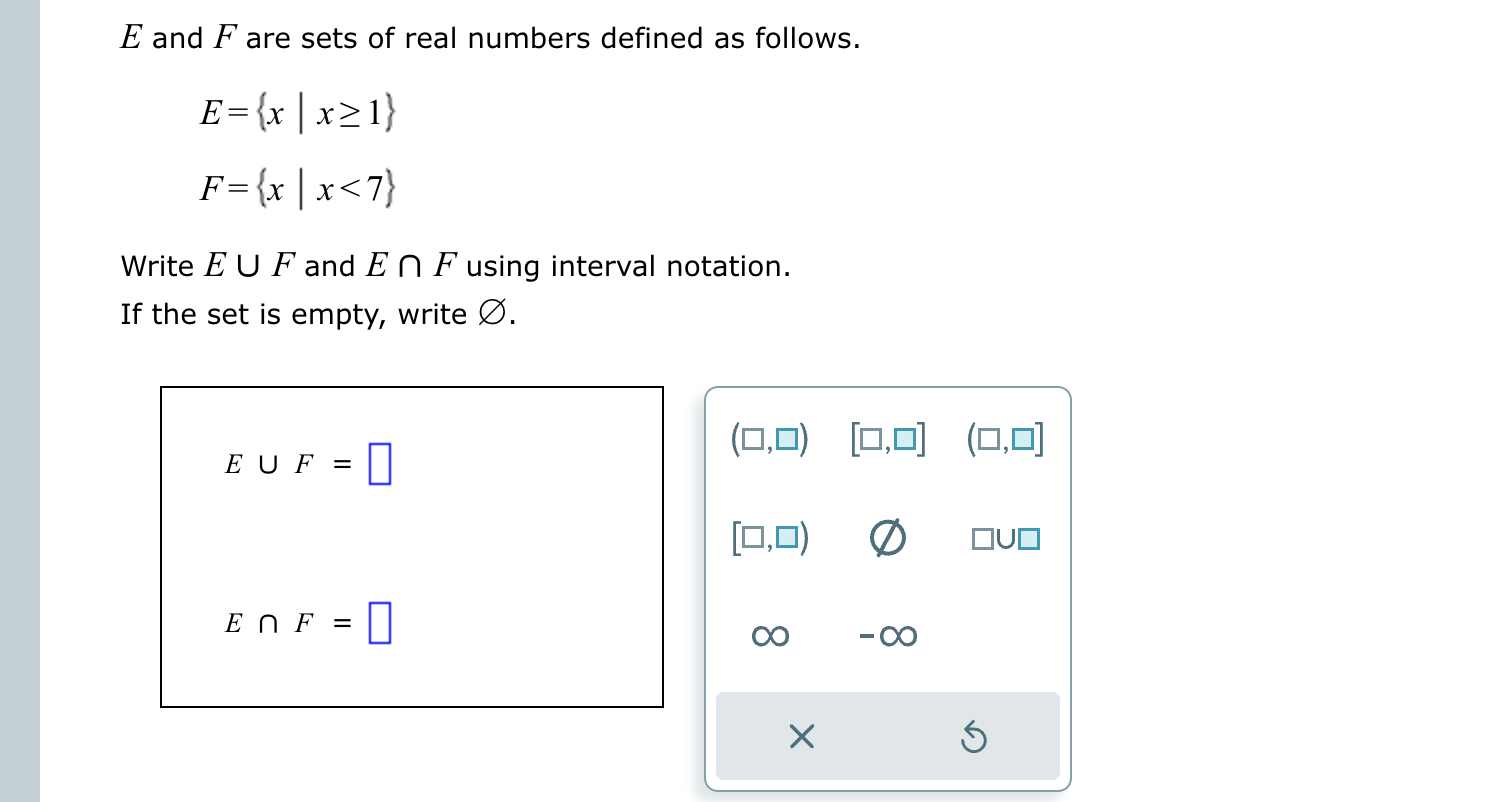 Solved E ﻿and F ﻿are sets of real numbers defined as | Chegg.com
