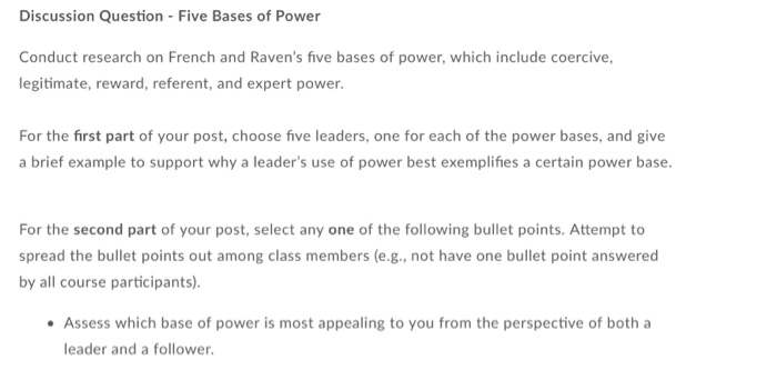 Solved Discussion Question - Five Bases of Power Conduct | Chegg.com