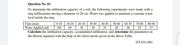 Solved Question No. 03 To determine the infiltration | Chegg.com