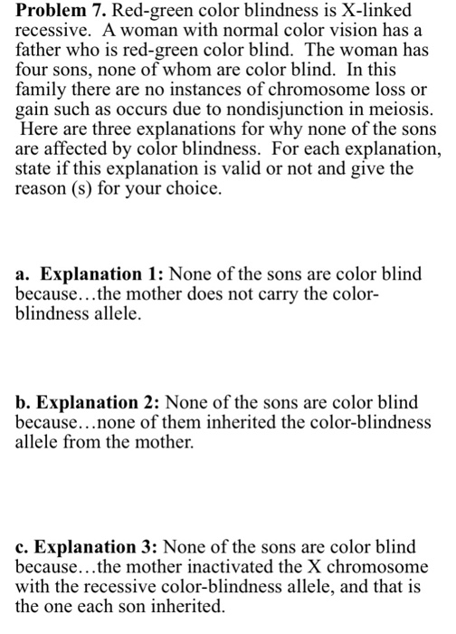 Solved Red-green color blindness is X-linked recessive. A | Chegg.com
