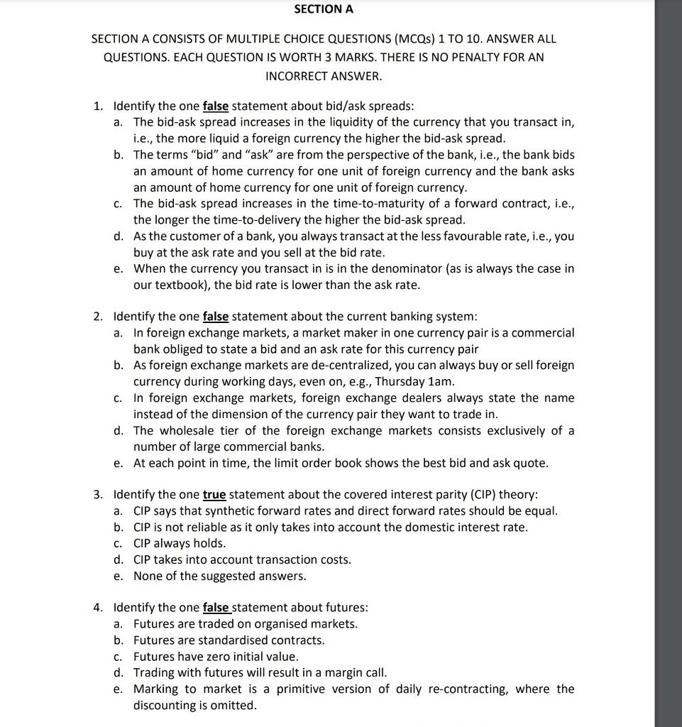 Solved SECTION A SECTION A CONSISTS OF MULTIPLE CHOICE | Chegg.com