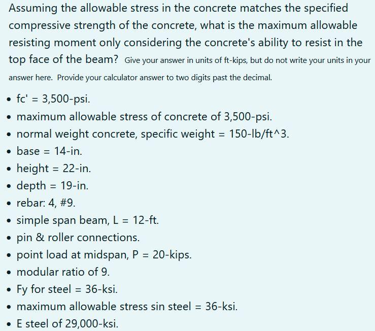 Solved = Assuming the allowable stress in the concrete | Chegg.com