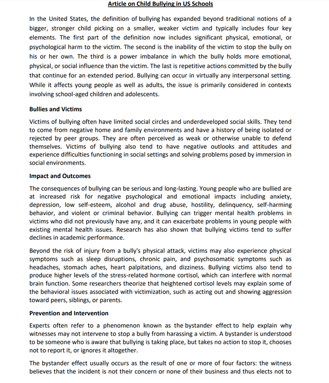 Article on Child Bullying in US Schools In the United | Chegg.com