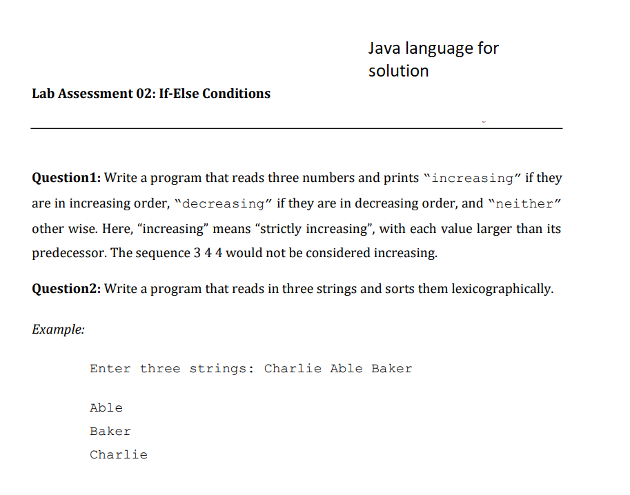 Solved Java language for solution Lab Assessment 02: If-Else | Chegg.com