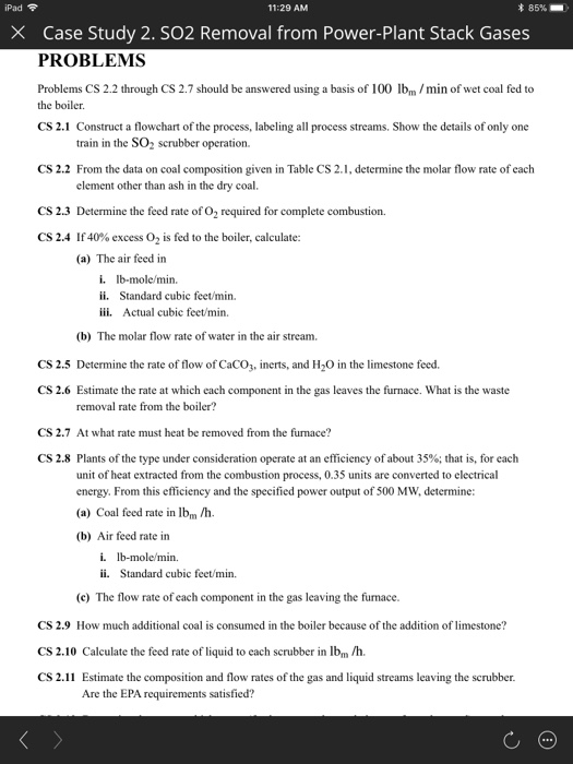 iPad令 11:29 AM × Case Study 2. SO2 Removal from | Chegg.com