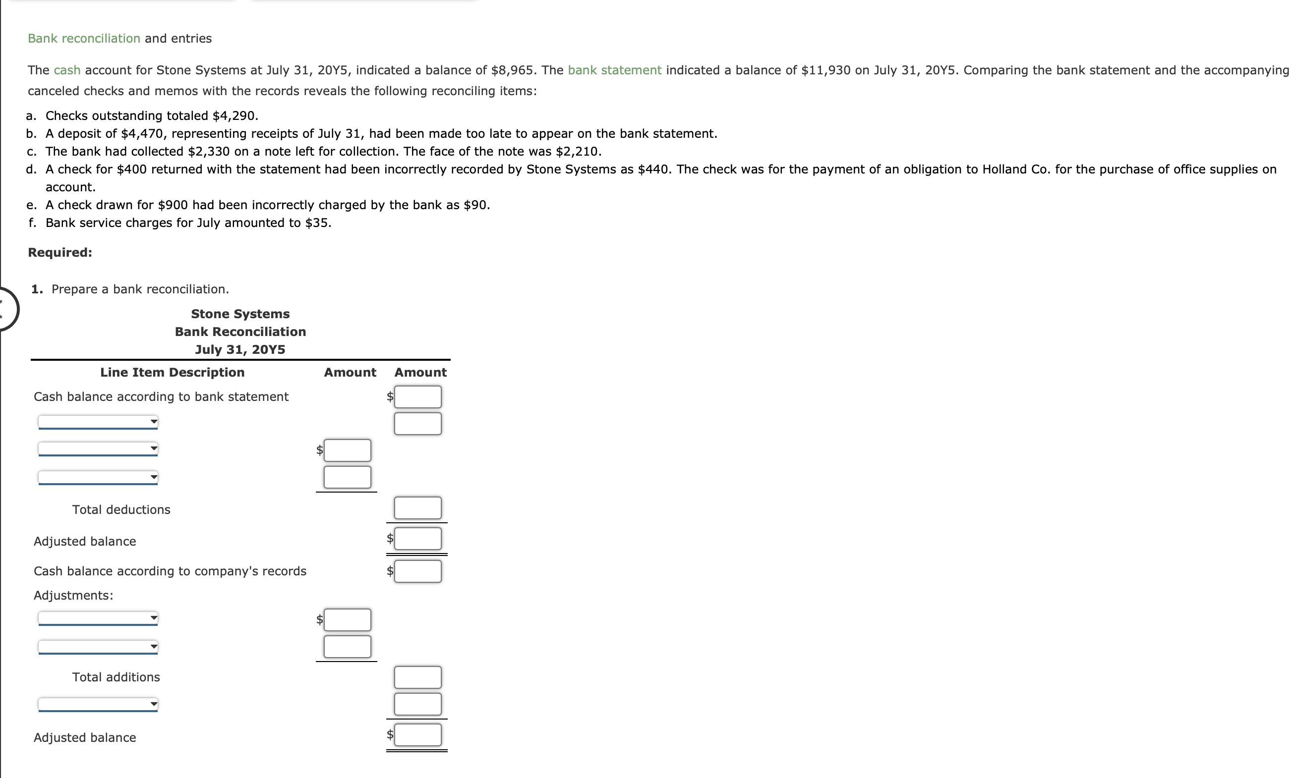 Solved Bank reconciliation and entries canceled checks and | Chegg.com