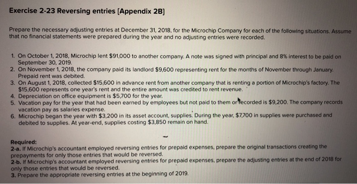 Solved Exercise 2 23 Reversing entries (Appendix 28) Prepare | Chegg.com