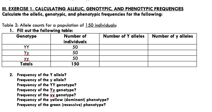 Solved III. EXERCISE 1. CALCULATING ALLELIC, GENOTYPIC, AND | Chegg.com