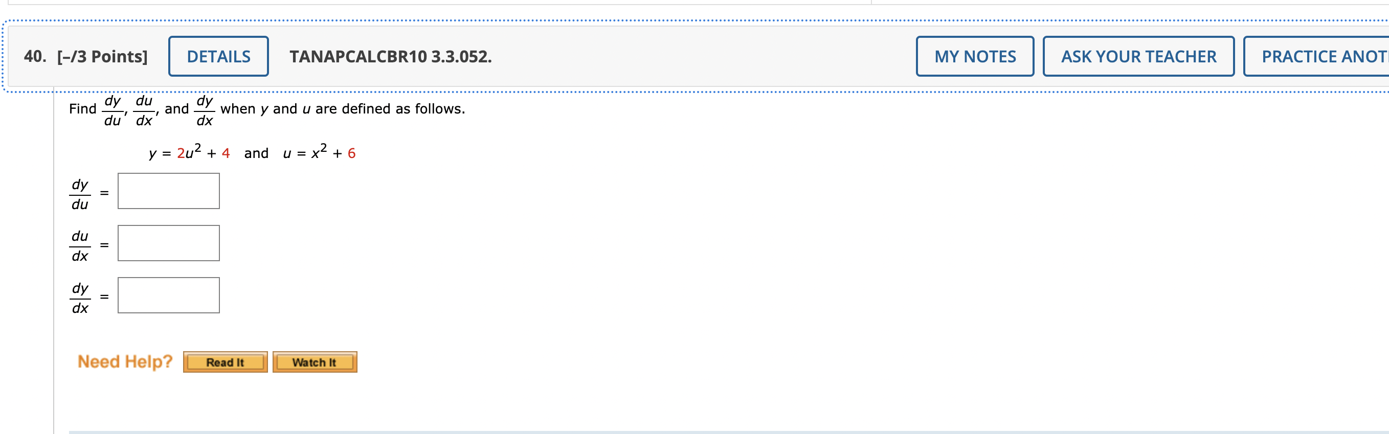 Solved -/3 Points] TANAPCALCBR10 3.3.052. Find dudy,dxdu, | Chegg.com