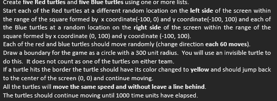 Solved Create tive Red turtles and tive Blue turtles using | Chegg.com