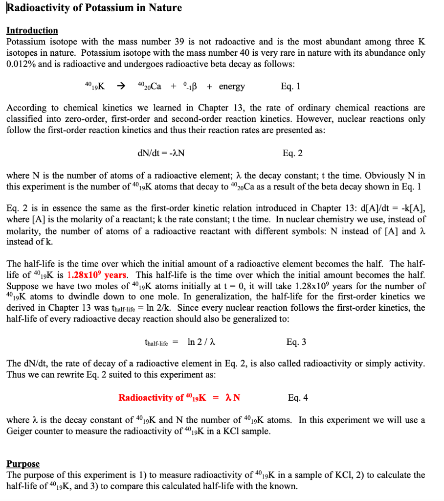 Radioactivity of Potassium in Nature Introduction | Chegg.com