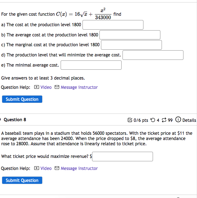 Solved For the given cost function C(x)=16x+343000x2 find a) | Chegg.com