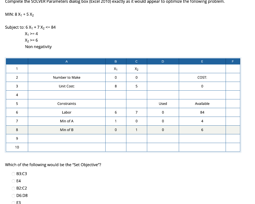 Solved Complete the SOLVER Parameters dialog box (Excel | Chegg.com