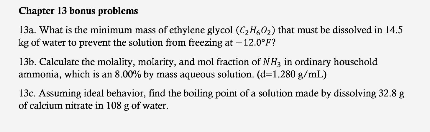 Solved 13a. What is the minimum mass of ethylene glycol | Chegg.com