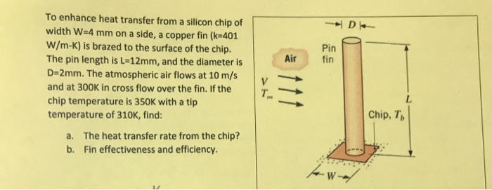 Solved To enhance heat transfer from a silicon chip of width | Chegg.com