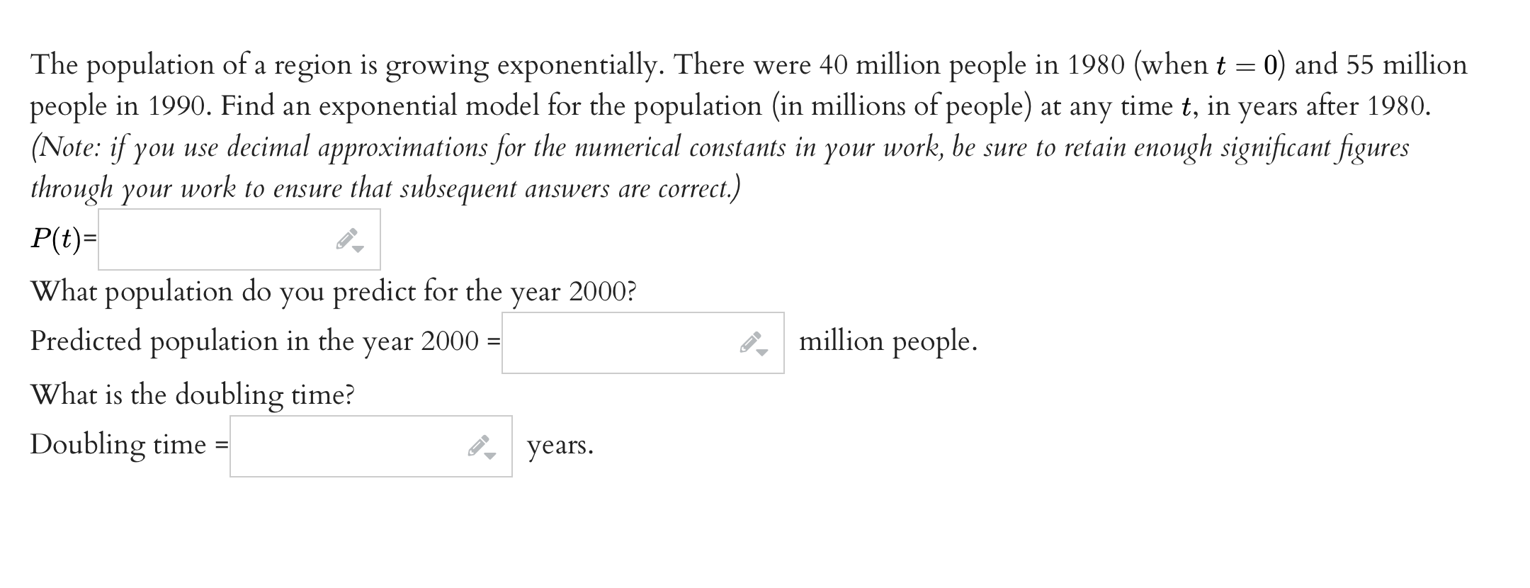Solved The population of a region is growing exponentially. | Chegg.com