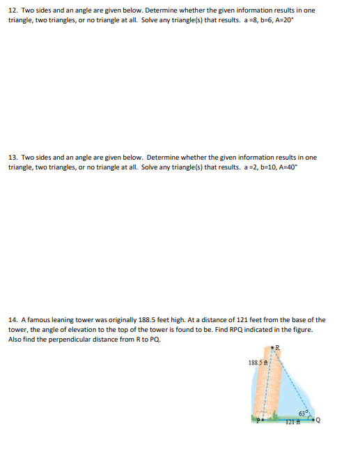 Solved Need help with 12-14. Two sides and an angle are | Chegg.com