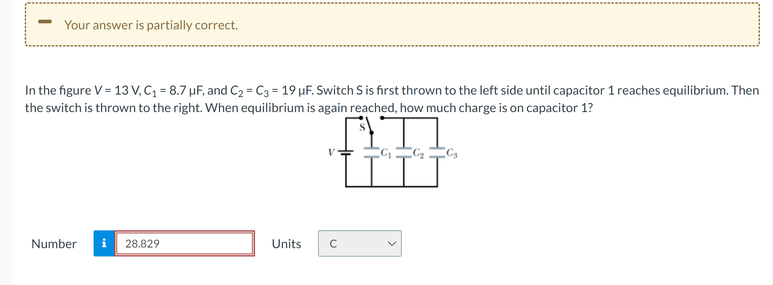 Solved In the figure V=13 V,C1=8.7μF, and C2=C3=19μF. Switch | Chegg.com