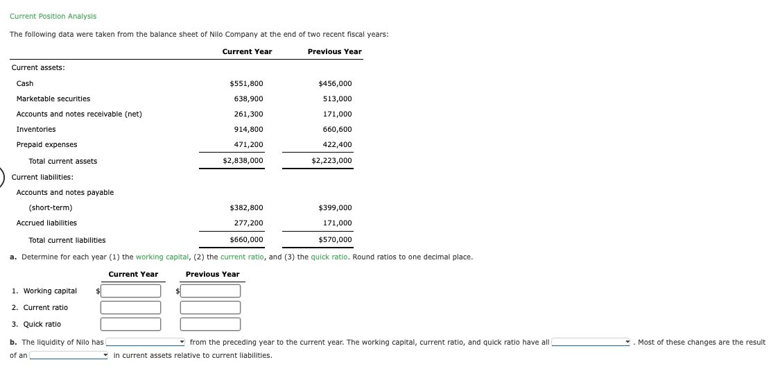 Solved Current Position Analysis Cash The following data | Chegg.com