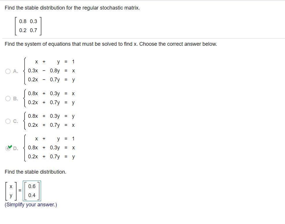 Solved Find the stable distribution for the regular | Chegg.com