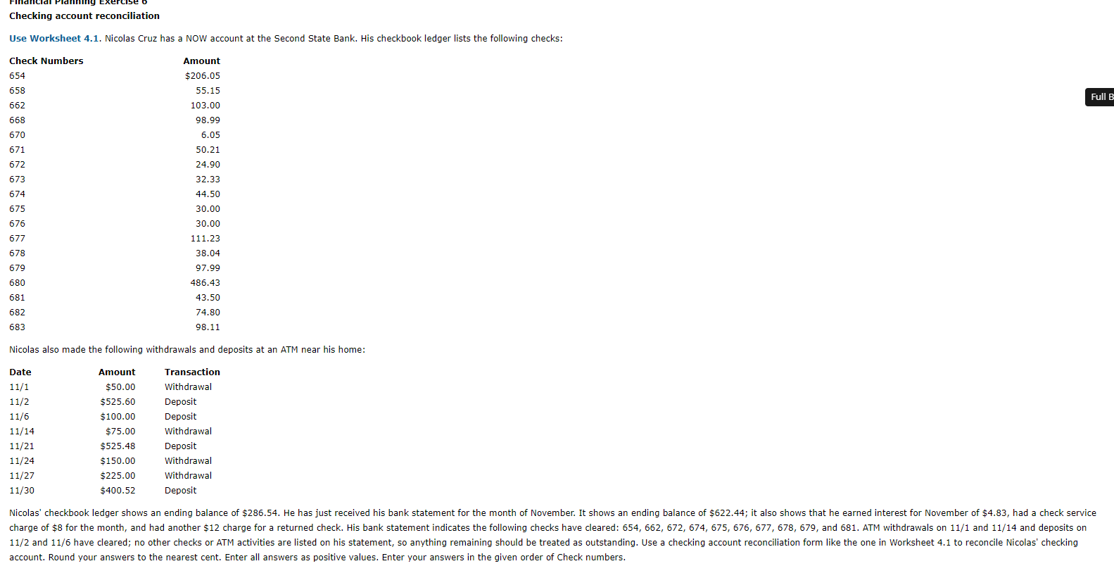Solved Checking account reconciliation Use Worksheet 4.1. | Chegg.com