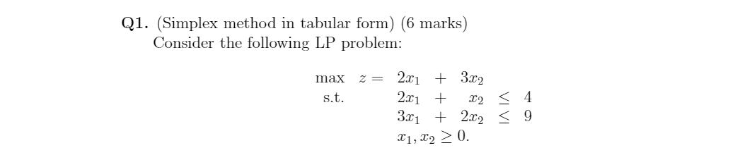 Solved Q1. (Simplex method in tabular form) (6 marks) | Chegg.com
