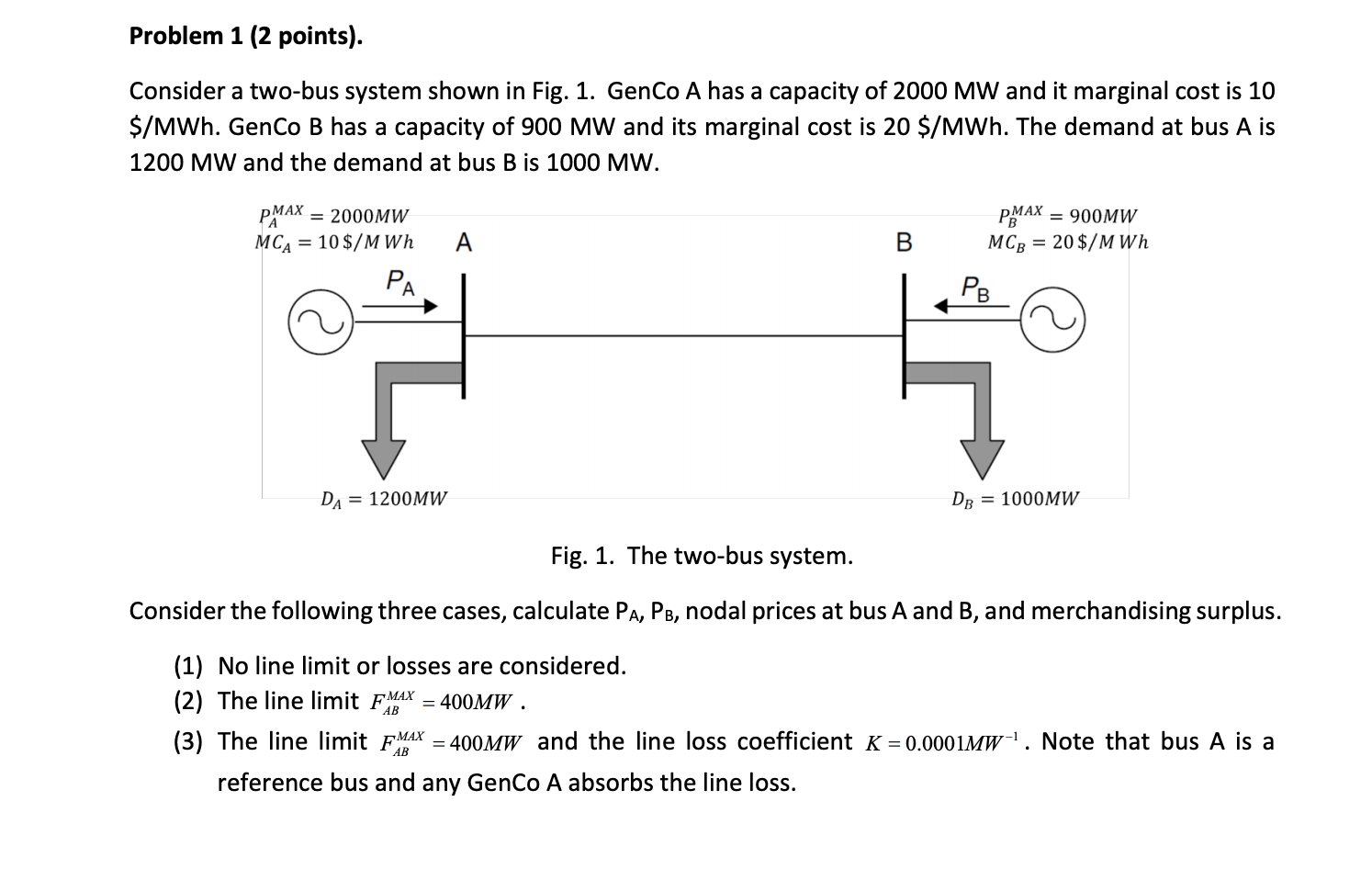 Problem 1 (2 points). Consider a two-bus system shown | Chegg.com