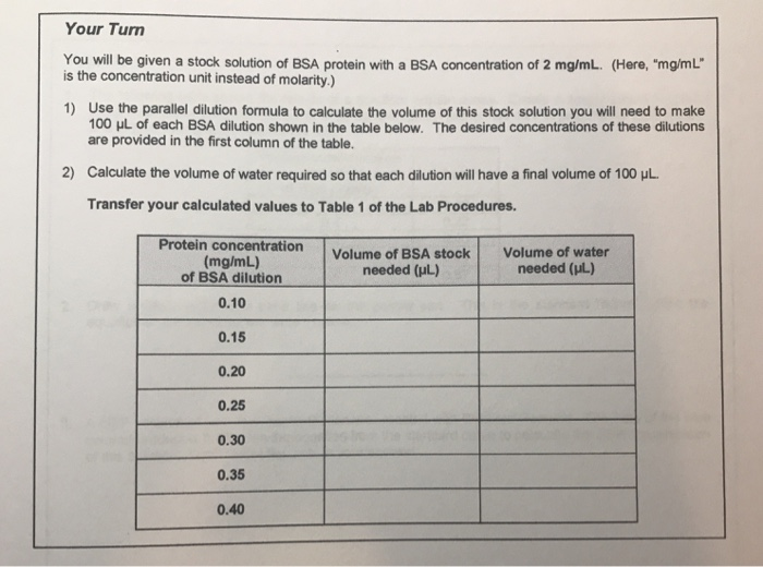 Solved Your Turn You will be given a stock solution of BSA | Chegg.com