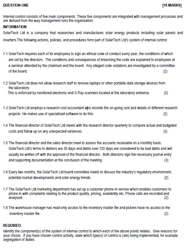 Solved QUESTION ONE [18 MARKS] Internal control consists of | Chegg.com