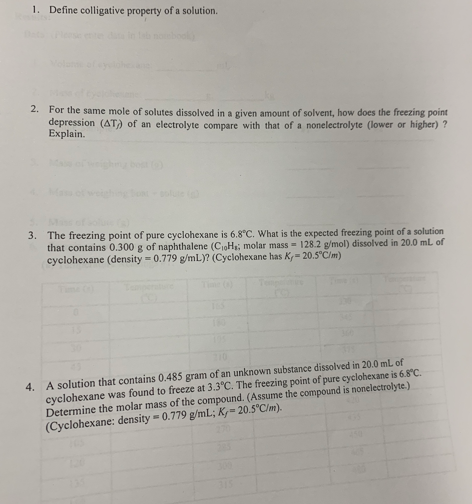 Solved 1. Define colligative property of a solution. 2. For | Chegg.com