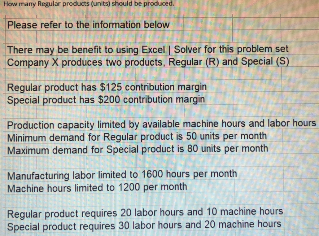Solved How many Regular products (units) should be produced. | Chegg.com