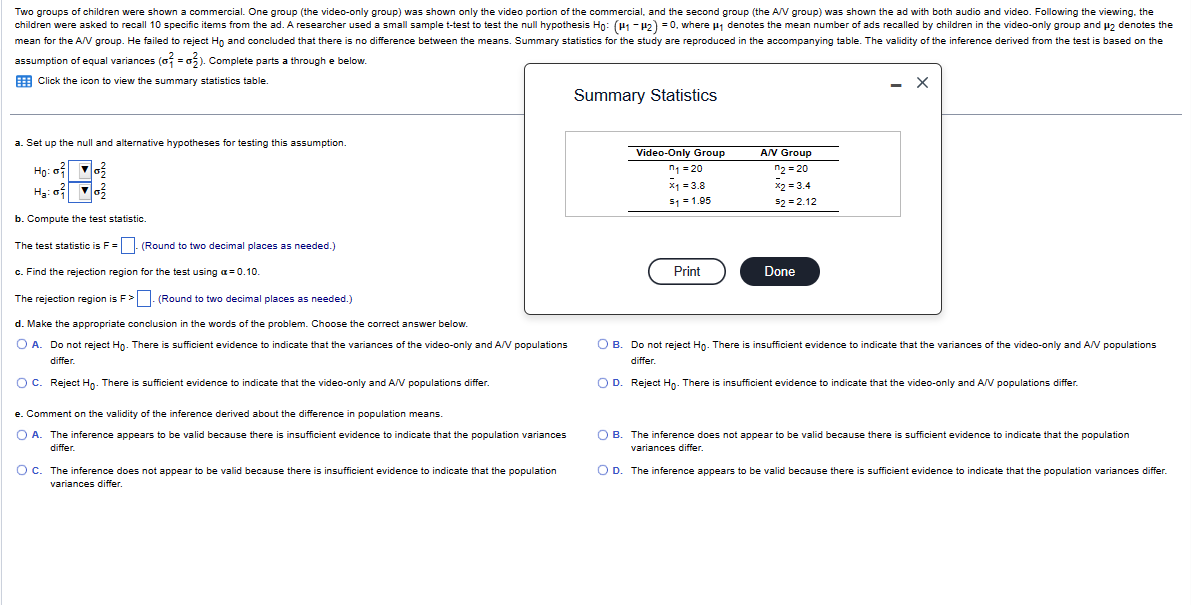Solved assumption of equal variances (σ12=σ22). Complete | Chegg.com