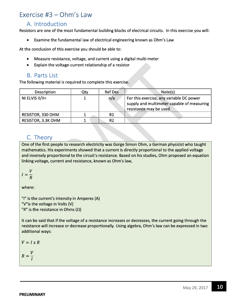 Solved Exercise #3 - Ohm's Law A. Introduction Resistors are | Chegg.com