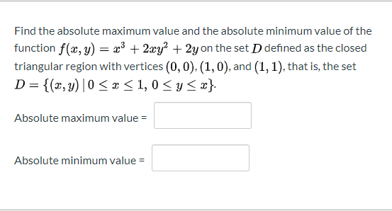 Solved Find the absolute maximum value and the absolute | Chegg.com