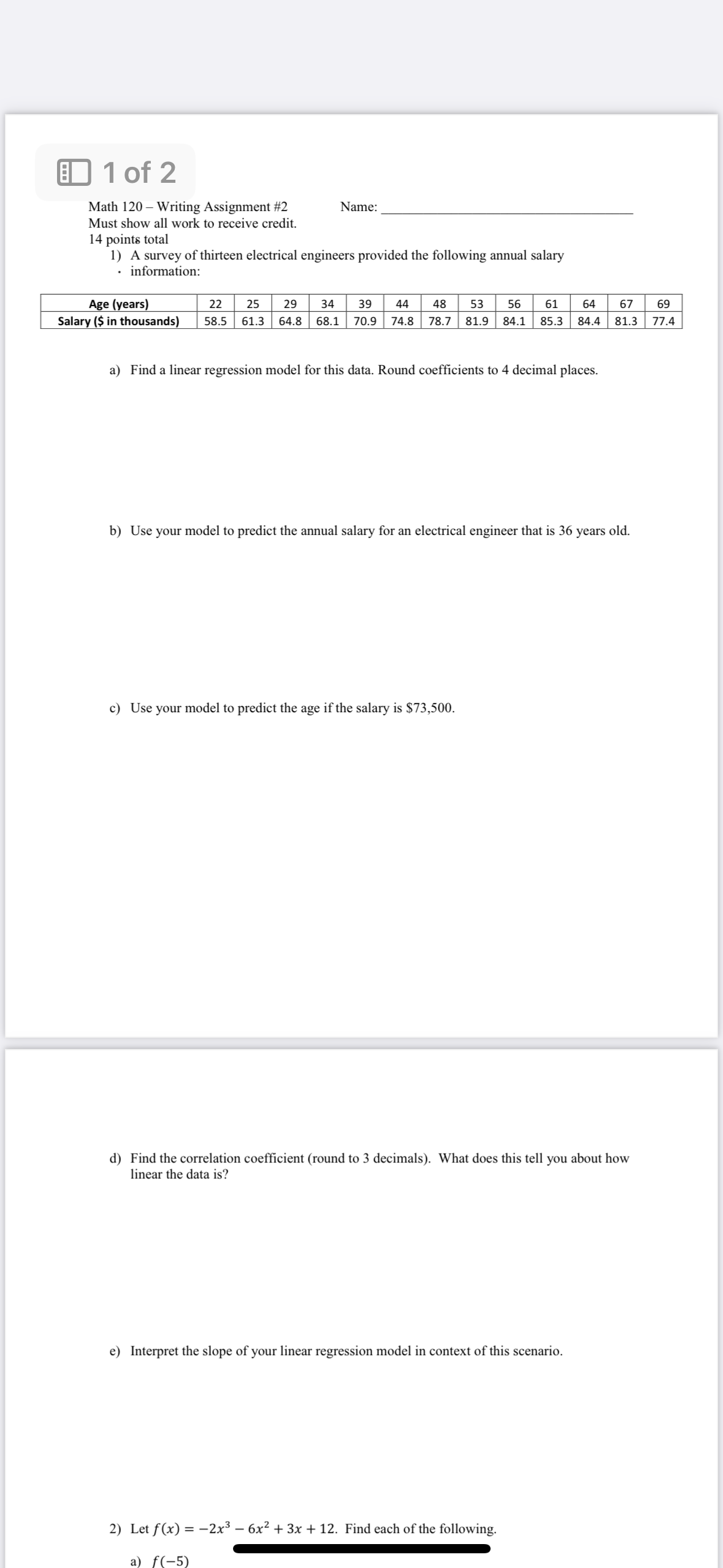 Solved Math 120 - Writing Assignment \#2 Name: Must show all | Chegg.com