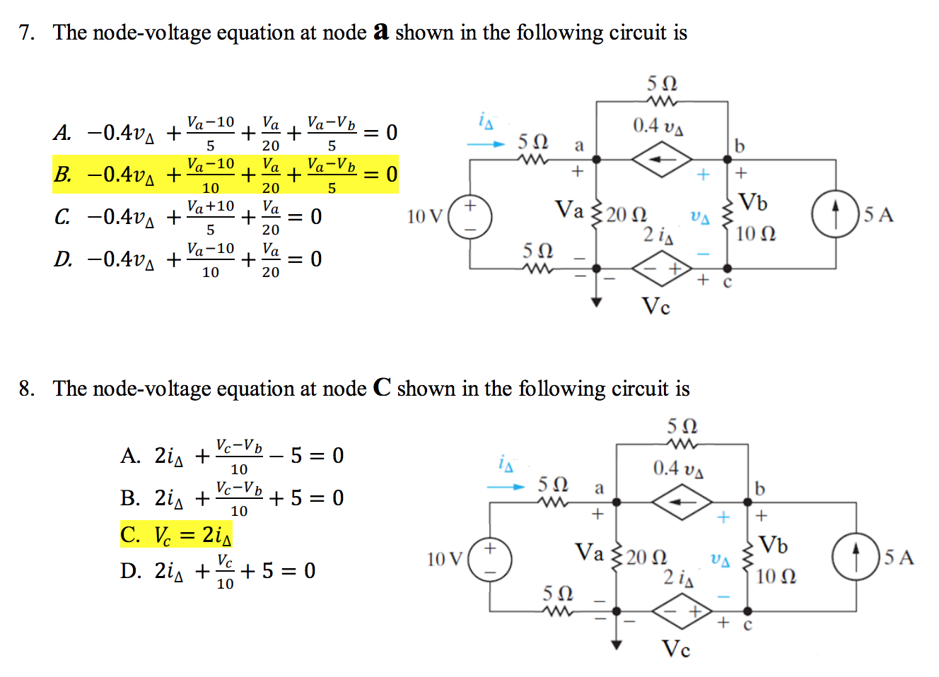 Solved 7. The node-voltage equation at node a shown in the | Chegg.com