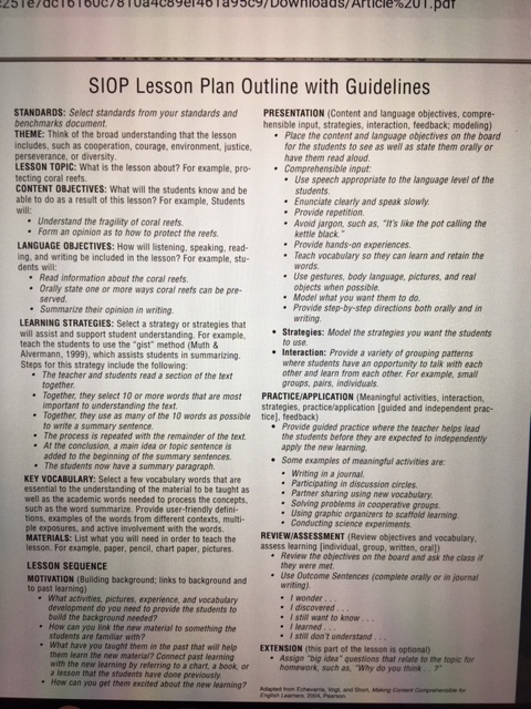 SIOP Lesson Plan Outline with Guidelines STANDARDS: | Chegg.com