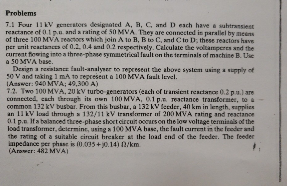Problems 7.1 Four 11 kV generators designated A, B, | Chegg.com