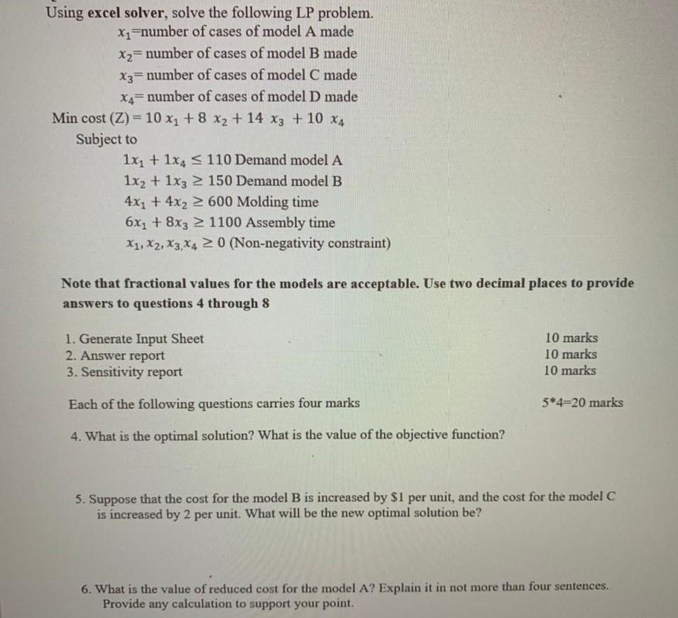 Solved Using excel solver, solve the following LP problem. | Chegg.com