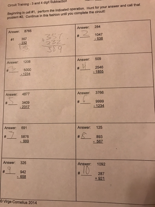 Solved Circuit Training-3 and 4 digit Subtraction Beginning | Chegg.com
