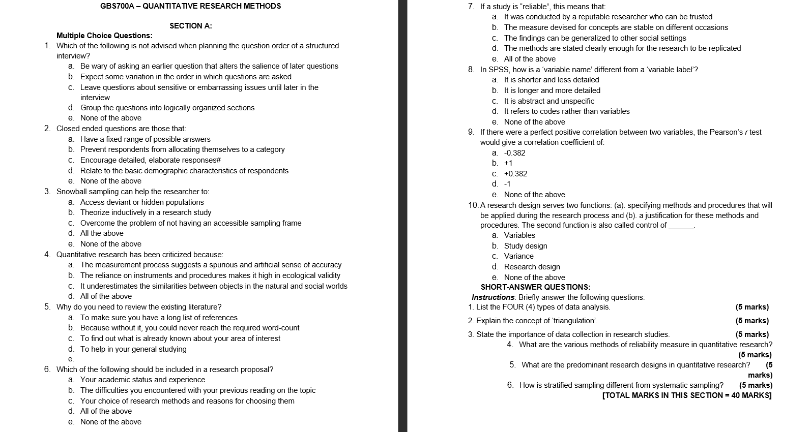 Solved GBS700A - QUANTITATIVE RESEARCH METHODS 7. If a study | Chegg.com