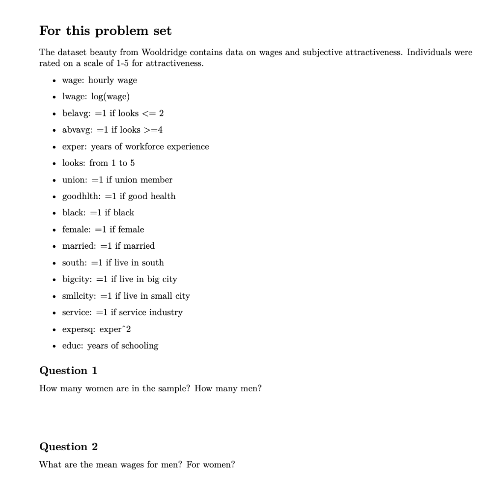 Solved For this problem set The dataset beauty from | Chegg.com