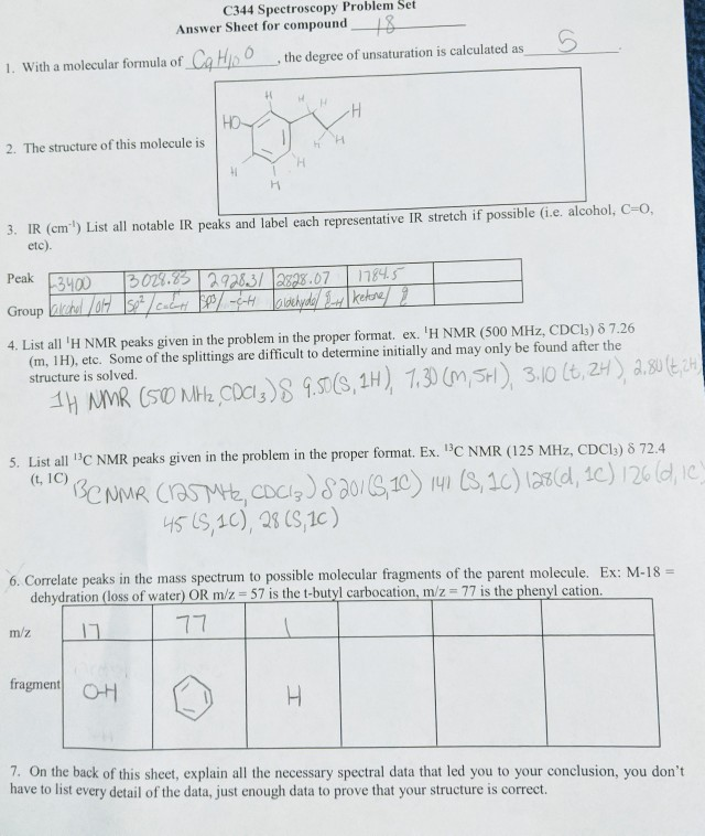 Solved C344 Spectroscopy Problem Set Answer Sheet for | Chegg.com