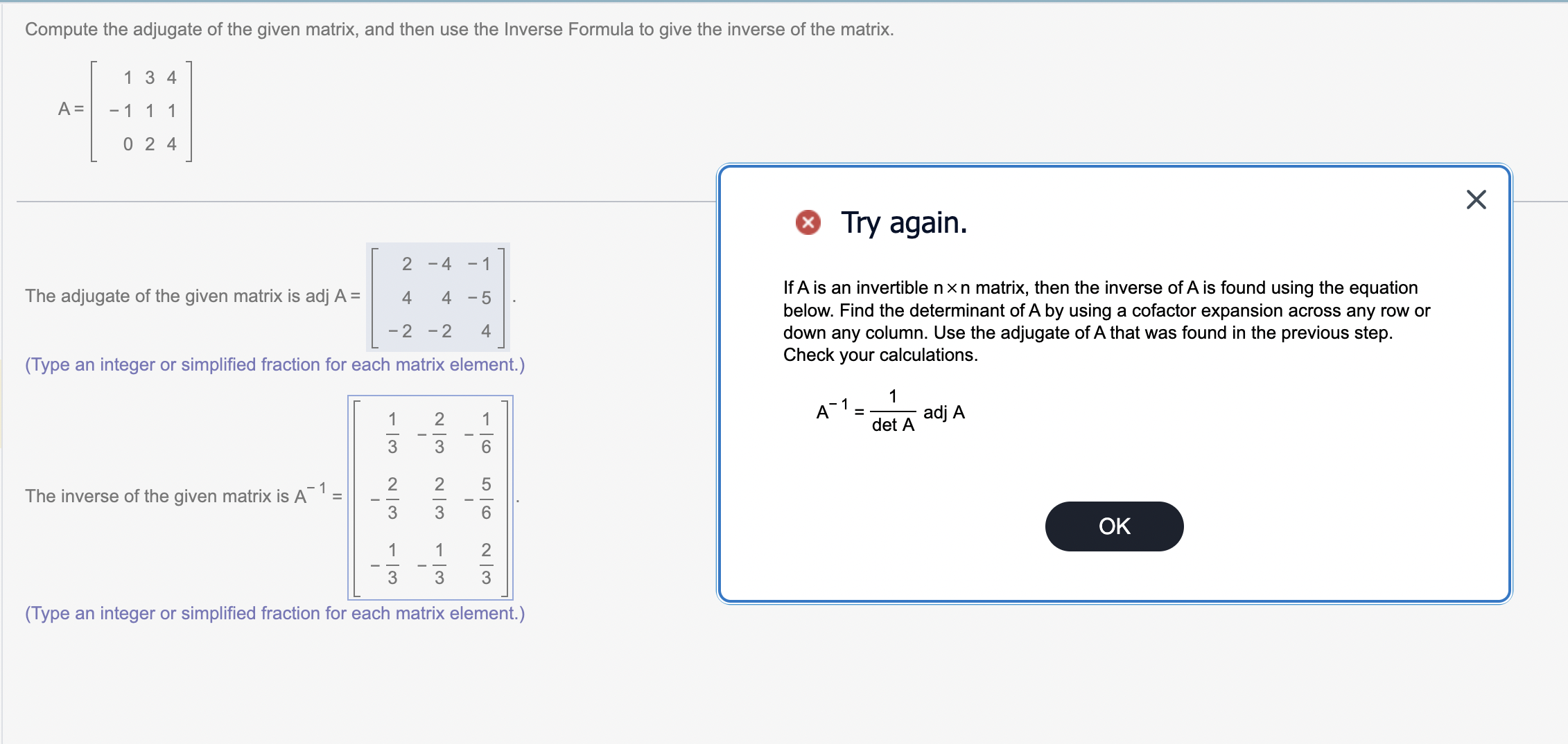 Solved Compute the adjugate of the given matrix, and then | Chegg.com