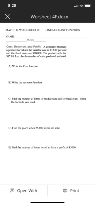 Solved 8:28 Worsheet 4F.docx MATH 134 WORKSHEET 4F LINEAR | Chegg.com