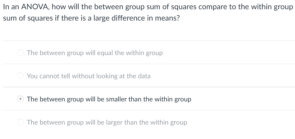 Solved In an ANOVA, how will the between group sum of | Chegg.com