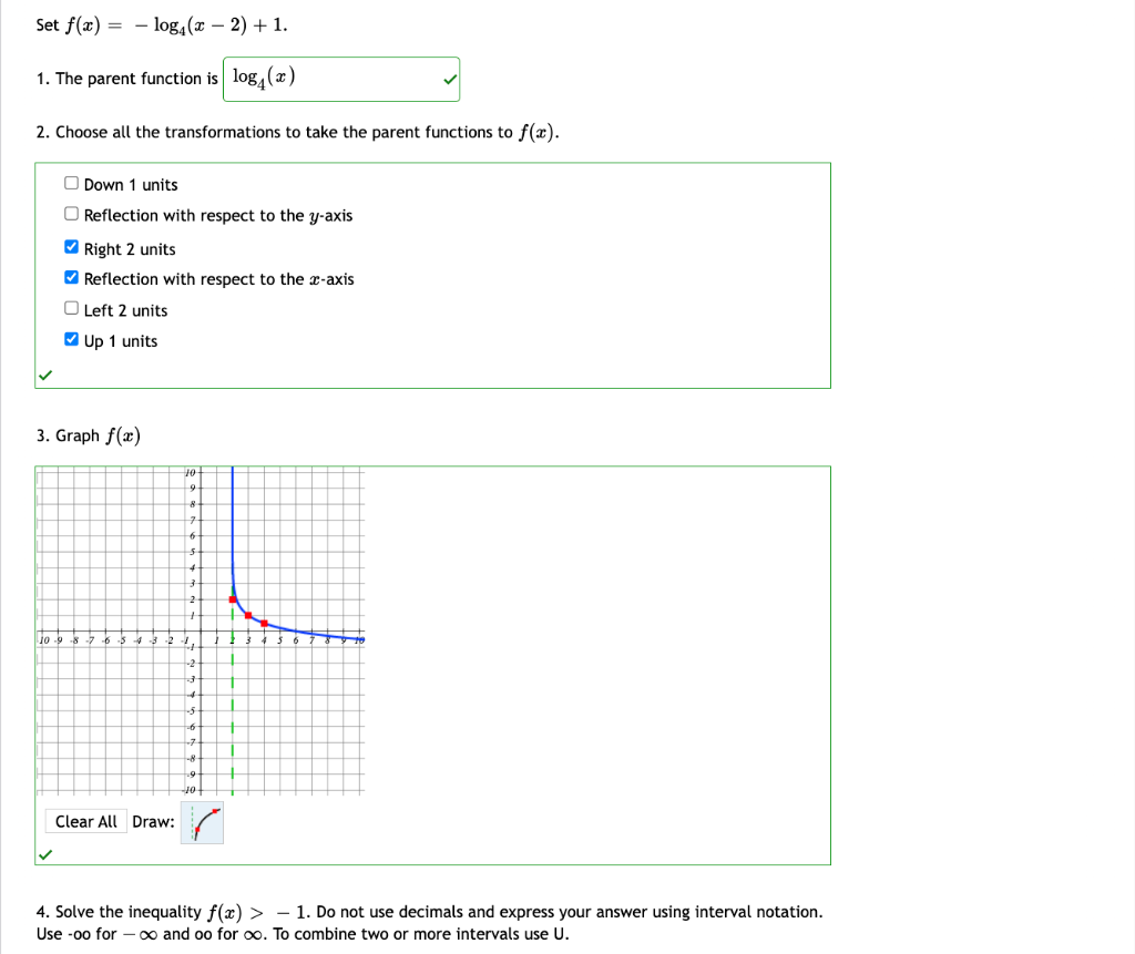 Solved Set f(x)=−log4(x−2)+1 1. The parent function is 2. | Chegg.com